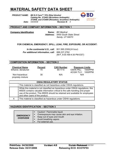 MATERIAL SAFETY DATA SHEET - Southland Medical Corporation