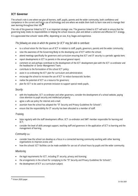 The Role of the ICT Governor - ICT Curriculum Support Team