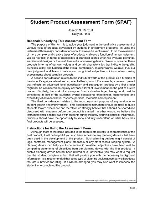 Student Product Assessment Form (SPAF)