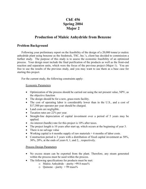ChE 456 Spring 2004 Major 2 Production Of Maleic Anhydride ChE 456 Spring 2004 Major 2 Production Of Maleic Anhydride