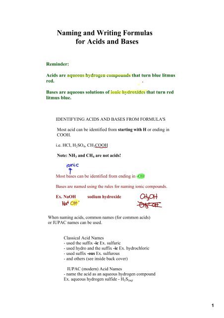 Naming and Writing Formulas for Acids and Bases
