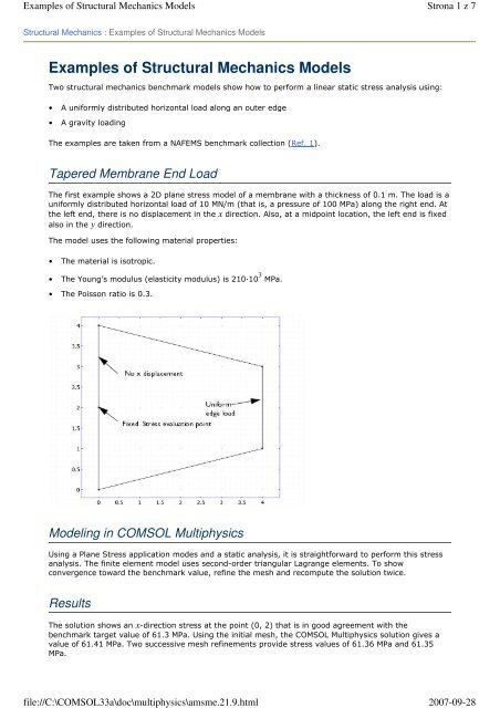 Examples of Structural Mechanics Models