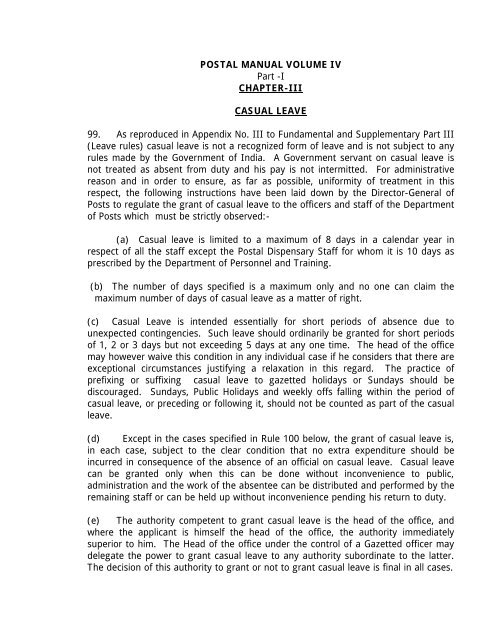 POSTAL MANUAL VOLUME IV Part -I CHAPTER-III ... - India Post