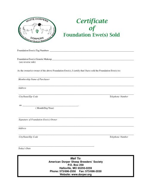 Certificate of Foundation Ewes Sold - American Dorper Sheep ...