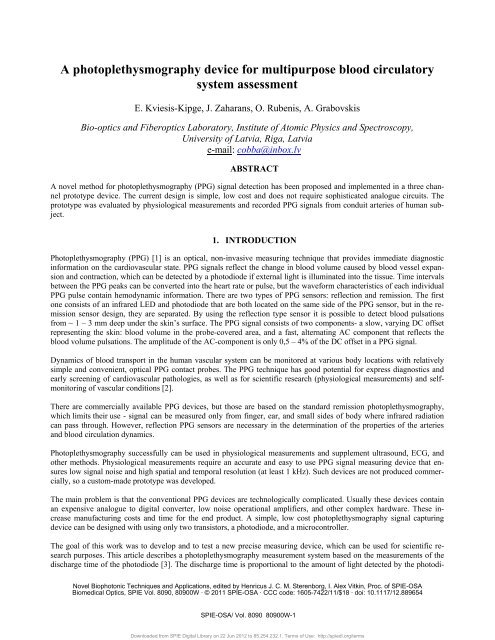 A photoplethysmography device for multipurpose blood circulatory ...
