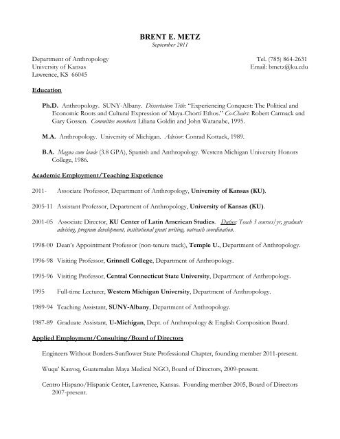 Curriculum Vitae - Department of Anthropology - University of Kansas