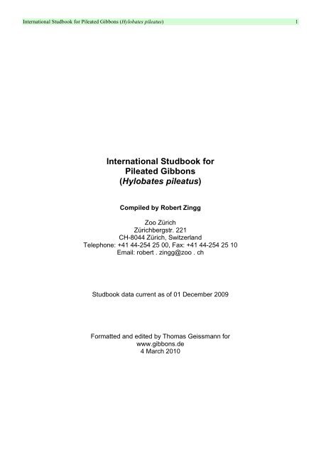 International Studbook for Pileated Gibbons (Hylobates pileatus)