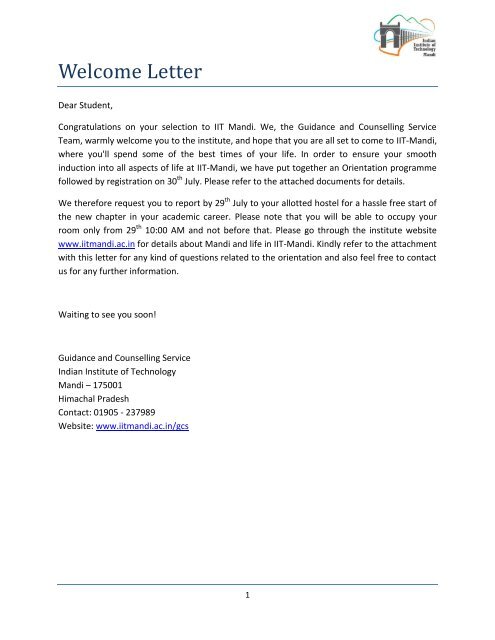 Welcome Letter - IIT Mandi