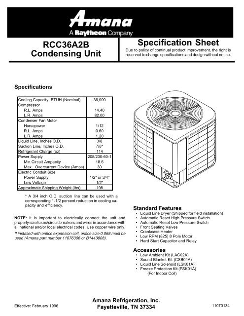 RCC36A2B Condensing Unit Specification Sheet