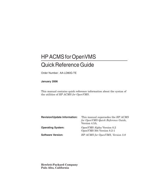 HP ACMS for OpenVMS Quick Reference Guide