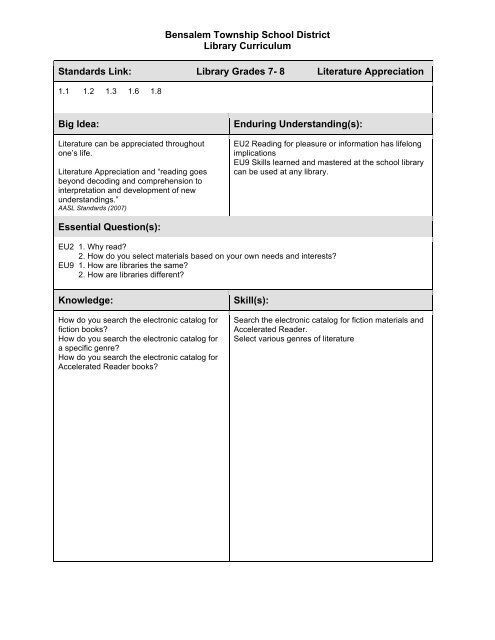 Library Curriculum Middle School Literature Appreciation PDF