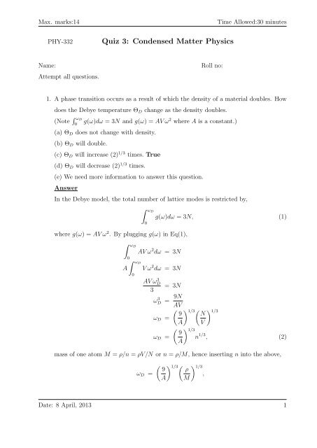 Quiz 3: Condensed Matter Physics