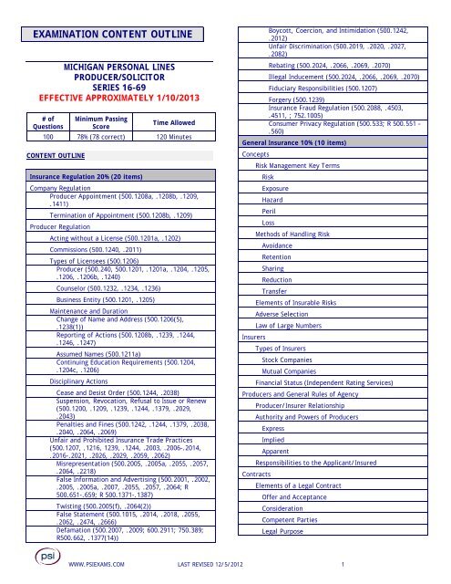 EXAMINATION CONTENT OUTLINE - PSI