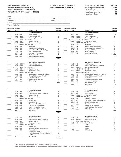ORAL ROBERTS UNIVERSITY DEGREE PLAN SHEET 2012-2013 ...