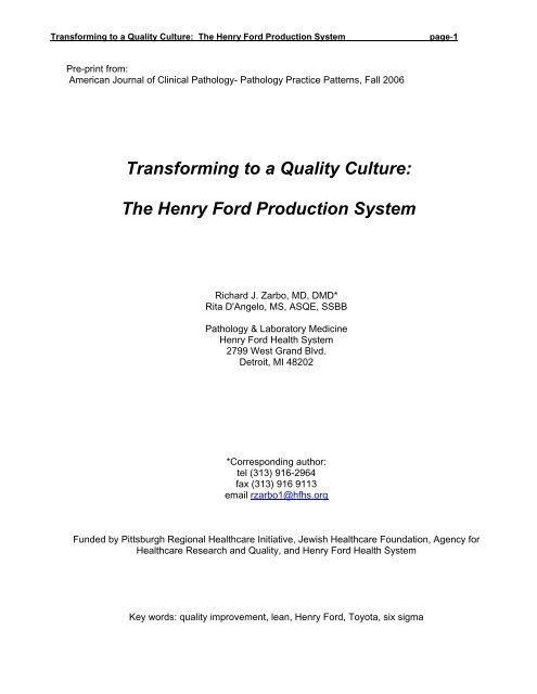 Transforming to a Quality Culture: The Henry Ford Production System