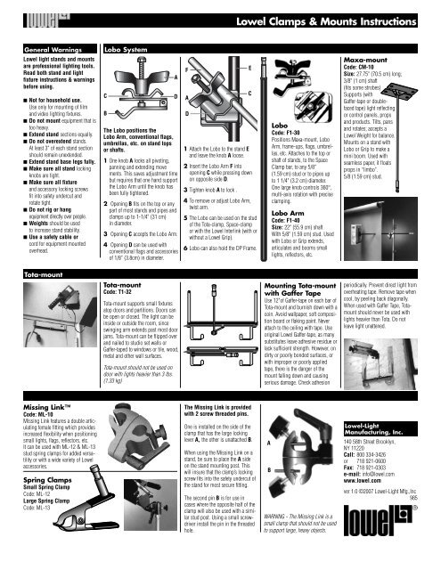 Lowel Clamps & Mounts Instructions