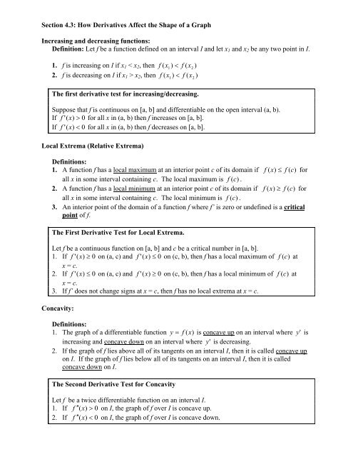 Section 4.3: How Derivatives Affect the Shape of a Graph Increasing ...