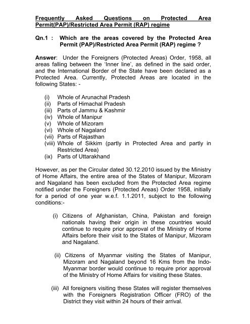 Restricted Area Permit (RAP) - Ministry of Home Affairs