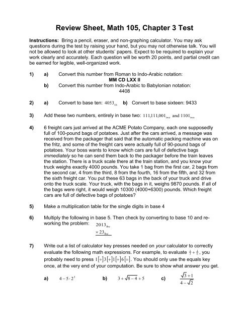 Review Sheet, Math 105, Chapter 3 Test