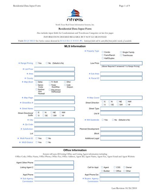 Residential Data Input Form MLS Information Office ... - NTREIS
