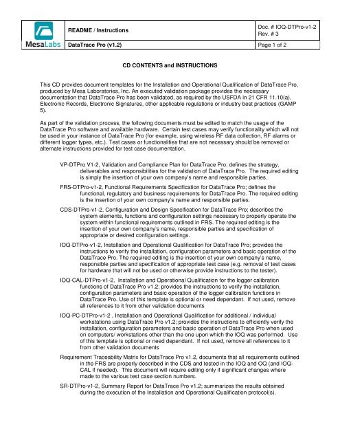 DataTrace Pro v1.2 Validation Package Contents and ... - Mesa Labs