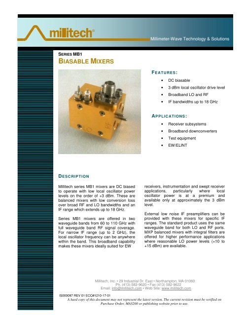 Biasable Mixers (MB1) - Millitech