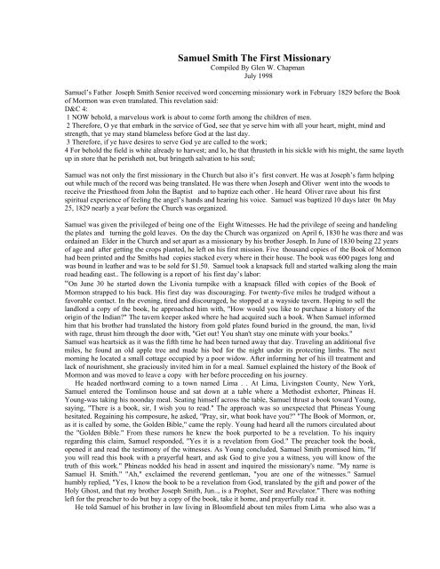 Samuel Smith The First Missionary - Chapmanresearch