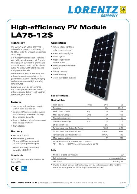 Lorentz Solar PV Module - LA75-12S - www.solar-wind.co.uk