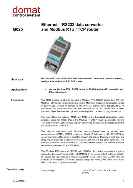 M025 Ethernet â RS232 data converter and Modbus RTU / TCP router