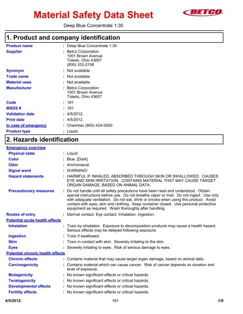 181 - Deep Blue Concentrate MSDS English (Canada)