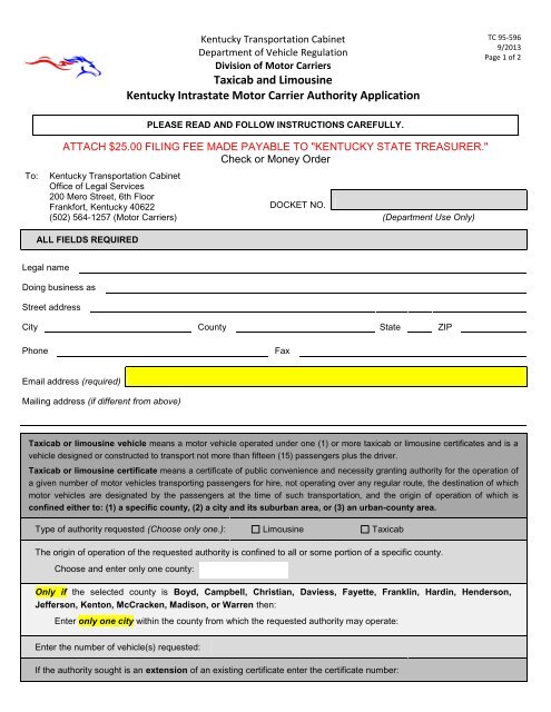 Taxicab and Limousine Kentucky Intrastate Motor Carrier Authority ...