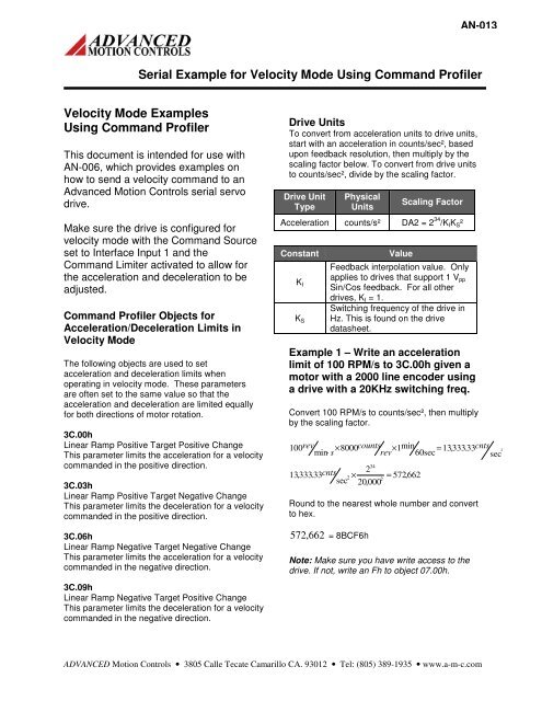 Serial Example For Velocity Mode Using Command Profiler Velocity