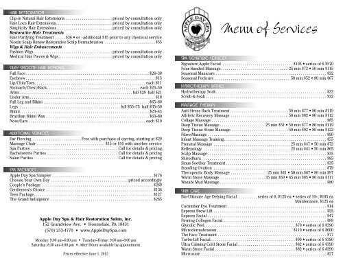 Spa Menu Of Services
