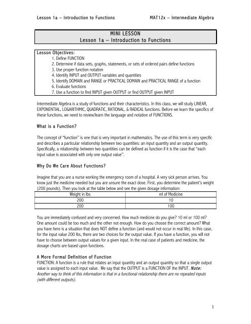 MINI LESSON Lesson 1a – Introduction to Functions