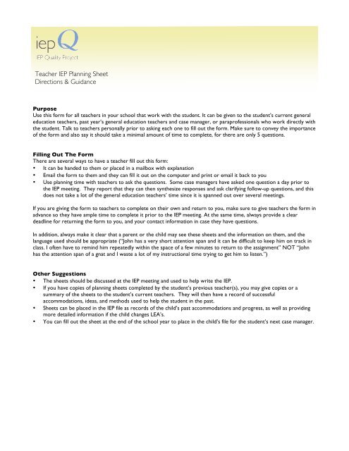 Teacher IEP Planning Sheet Directions & Guidance