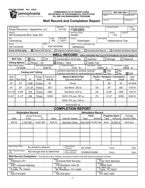 Well Record and Completion Report ... - Range Resources