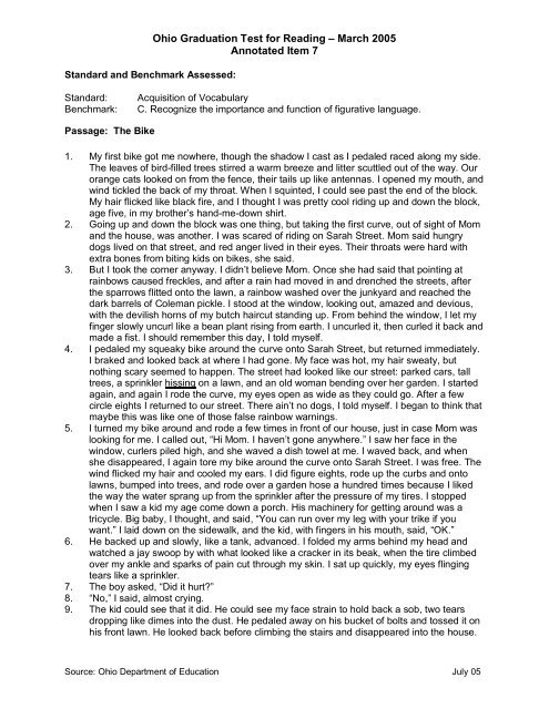 Ohio Graduation Test for Reading â March 2005 Annotated Item 7