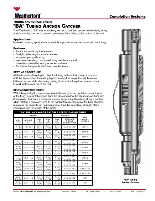 "BA" TUBING ANCHOR CATCHER