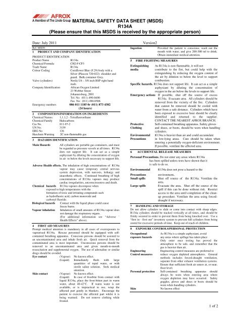 MATERIAL SAFETY DATA SHEET (MSDS) R134A (Please ... - Afrox