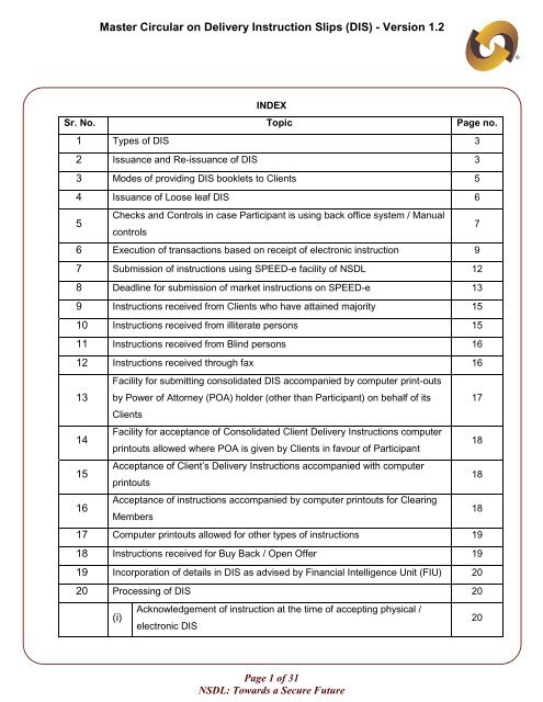 Master Circular on Delivery Instruction Slips (DIS) - Version 1.2 - NSDL