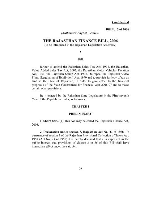 the rajasthan finance bill, 2006 - Finance Department, Government ...