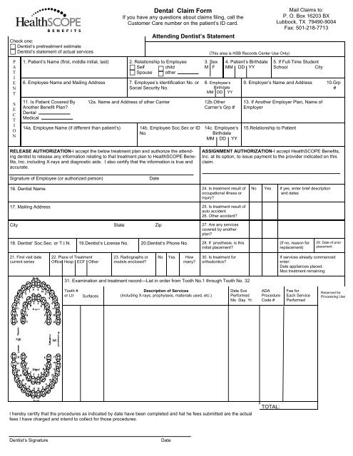 HSB Dental Claim Form 2012 Box 16203 - HealthSCOPE Benefits