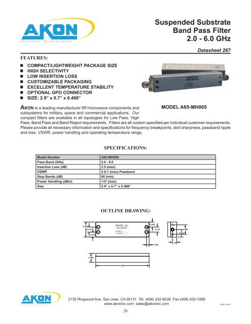 Suspended Substrate Band Pass Filter 2.0 - 6.0 GHz - Akon, Inc.