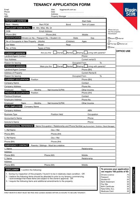 TENANCY APPLICATION FORM - Biggin Scott