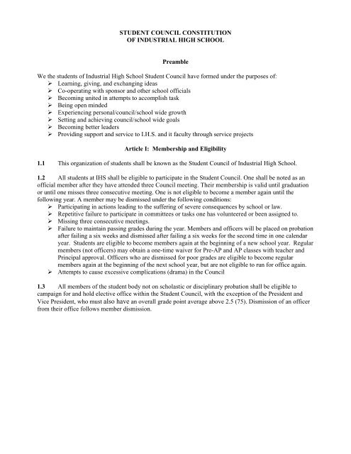 STUDENT COUNCIL CONSTITUTION - Industrial ISD