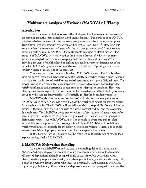 Multivariate Analysis of Variance (MANOVA): I. Theory