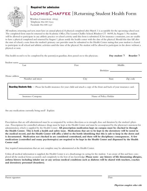 LoomisChaffee Returning Student Health Form - The Loomis ...