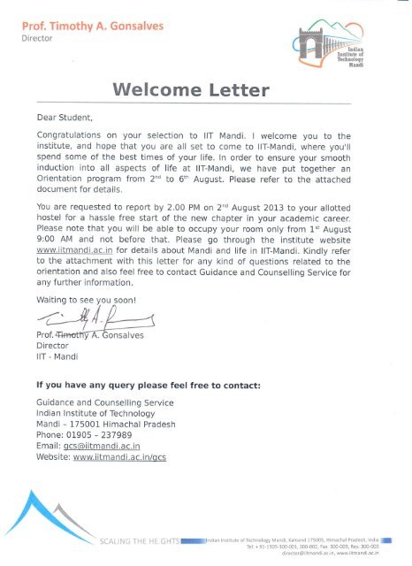 Welcome Letter - IIT Mandi