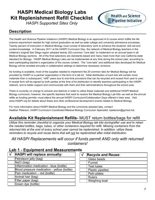 HASPI Med Bio Lab Kit Refill and Reuse Checklists
