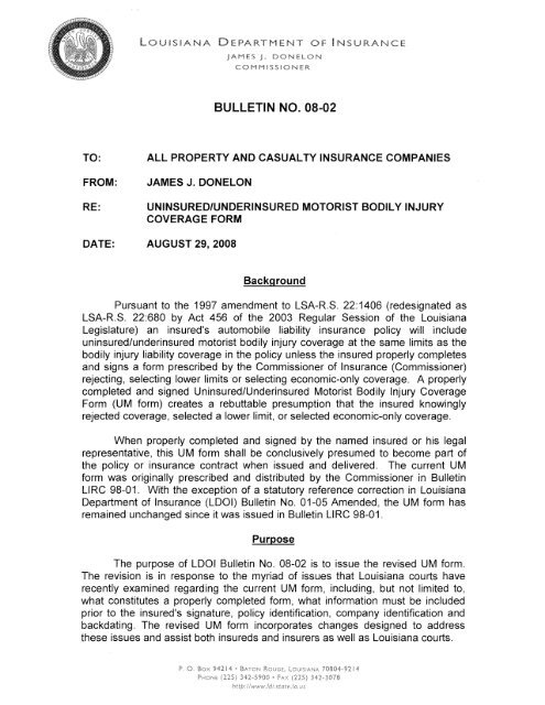 BULLETIN NO. 08-02 - Louisiana Department of Insurance